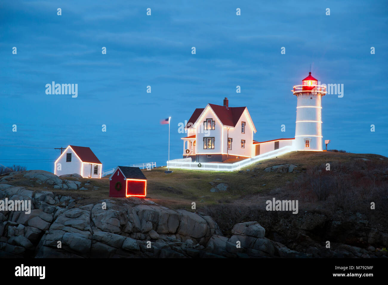 Nubble lighthouse, also known as Cape Neddick light, is decorated and ...