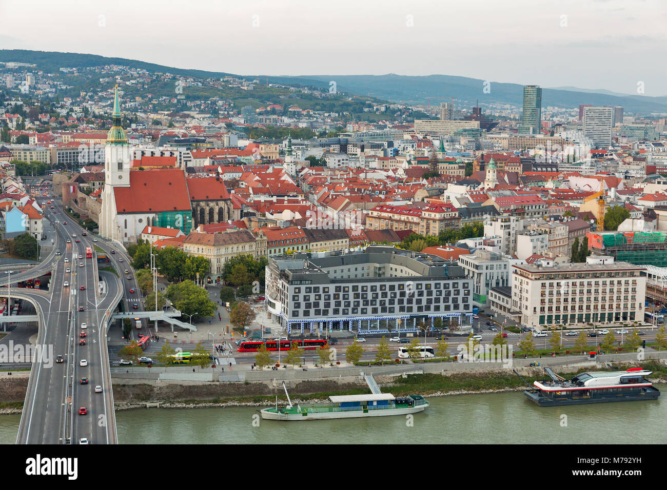 Bratislava aerial cityscape with Old Town, Danube river, UFO bridge and ...