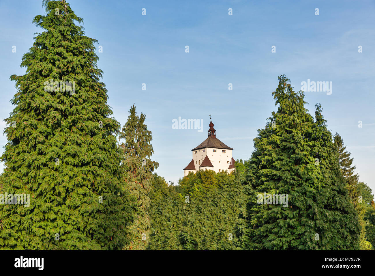 Renaissance castle Novy Zamok or New Castle looks out over trees in ...