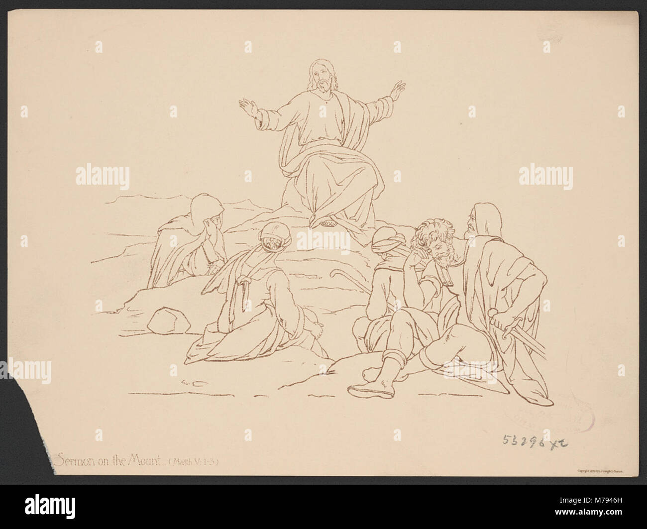 A depiction of the Sermon on the Mount, based on Matthew 5:1-3, showing ...