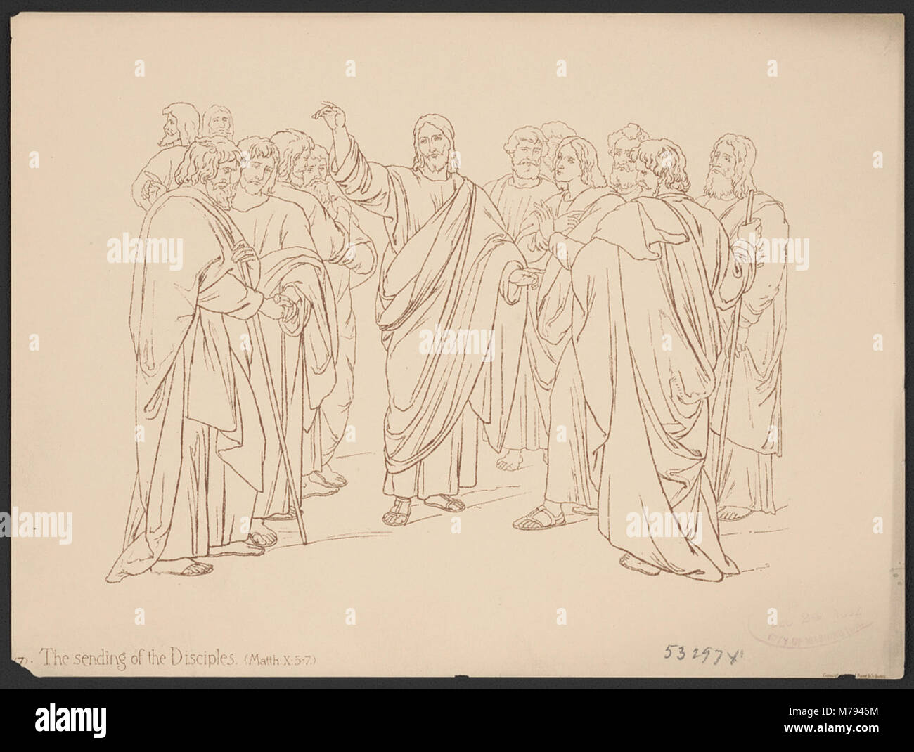 A depiction of the biblical scene from Matthew 10:5-7, showing the ...