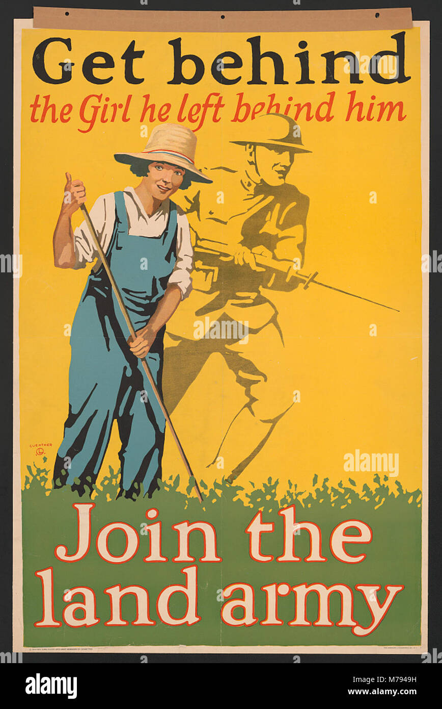 A World War I-era propaganda poster urging women to join the Land Army ...