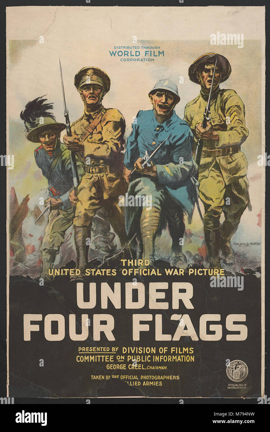 A depiction of a group of individuals under four different flags ...