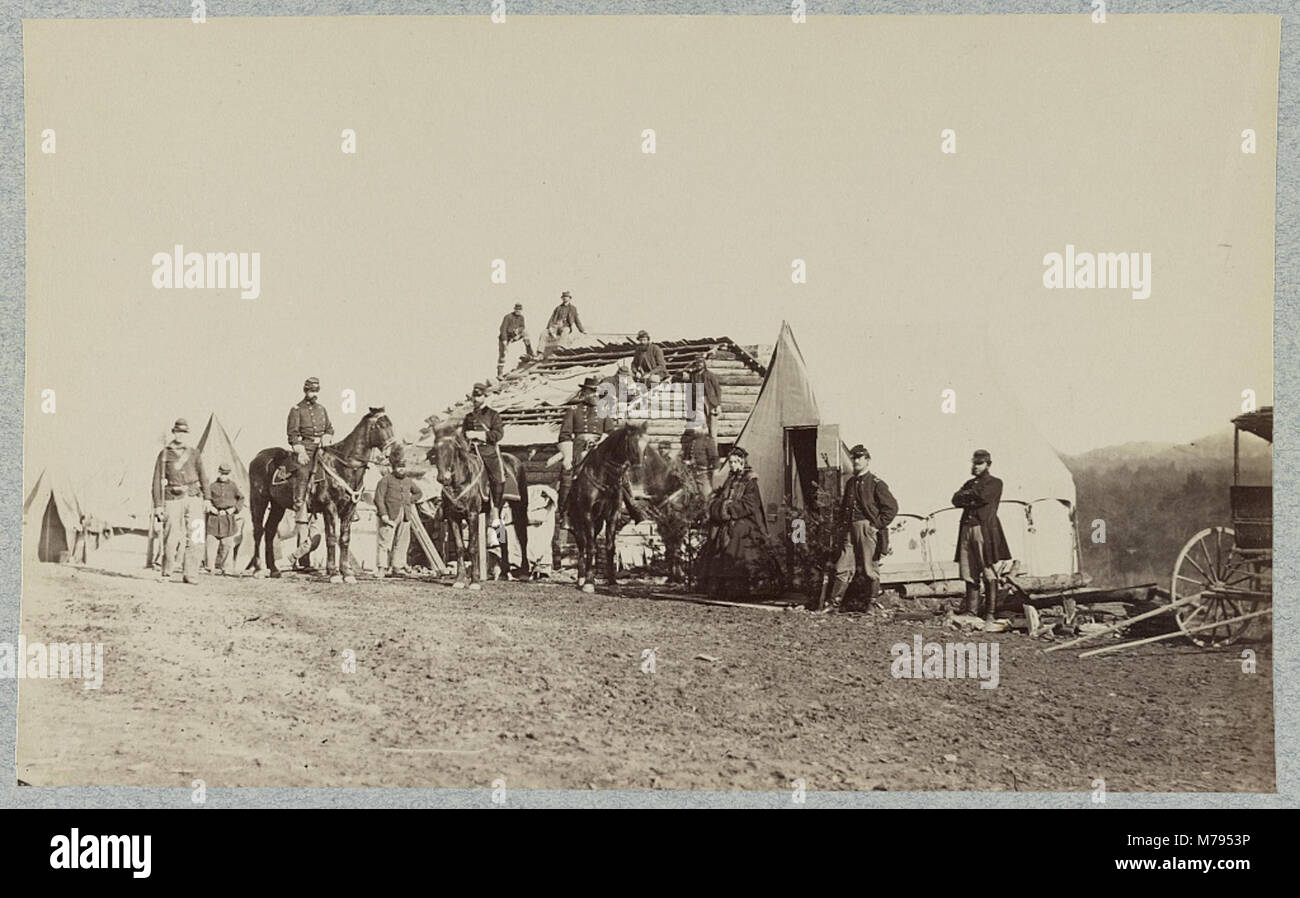 A historical photograph showing the construction of winter quarters ...