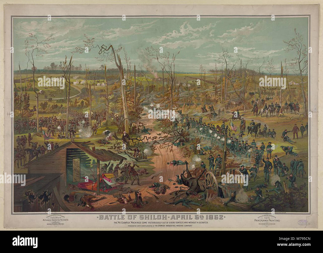 A lithograph depicting the Battle of Shiloh on April 6, 1862, a pivotal ...