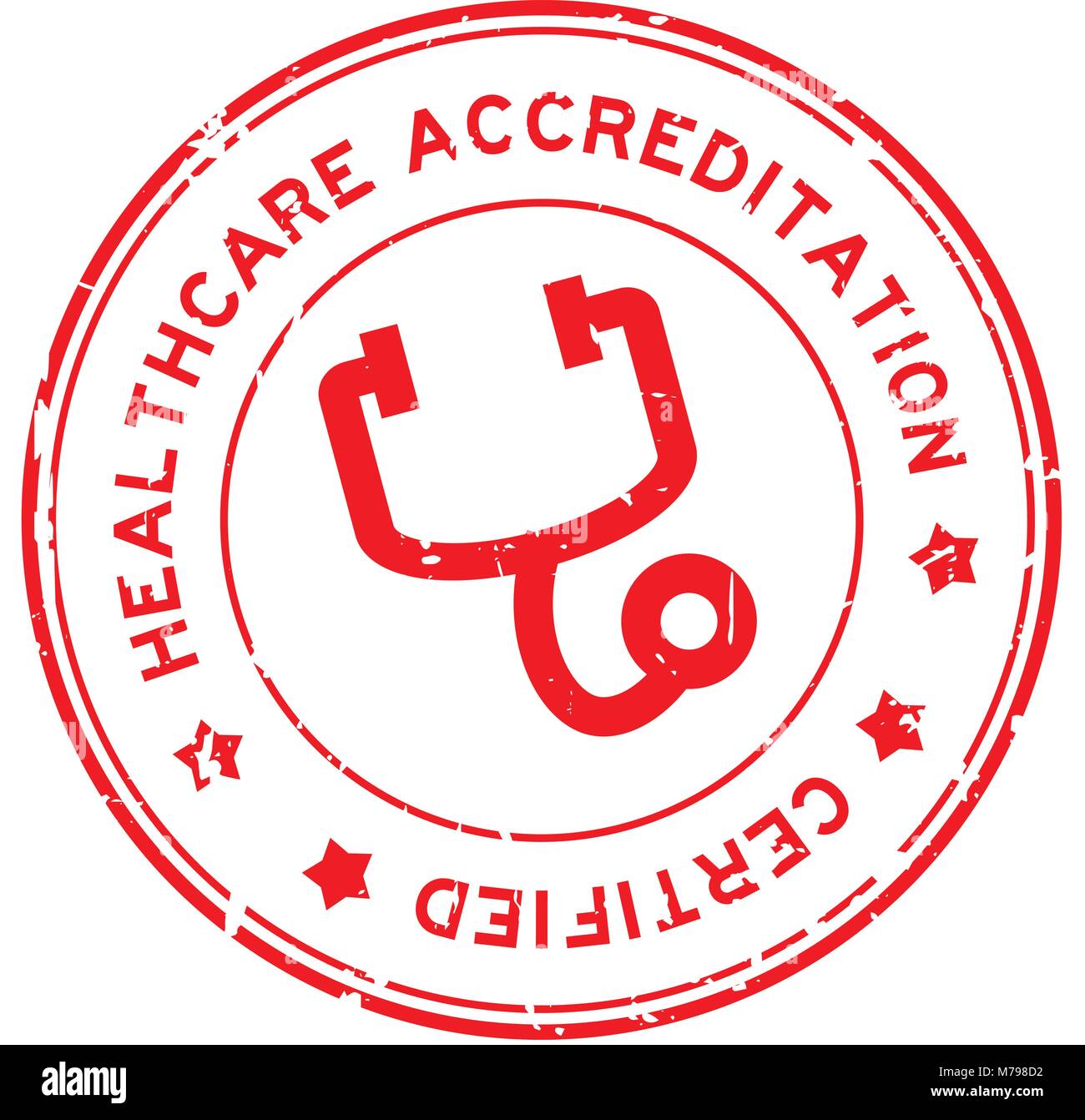 Grunge red healthcare accreditation with stethoscope icon round rubber ...