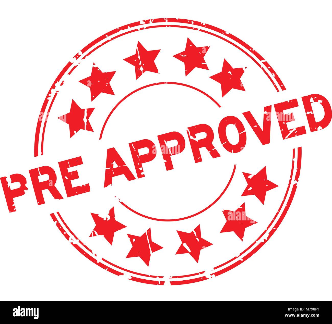 Grunge red pre approved with star icon round rubber seal stamp on white ...
