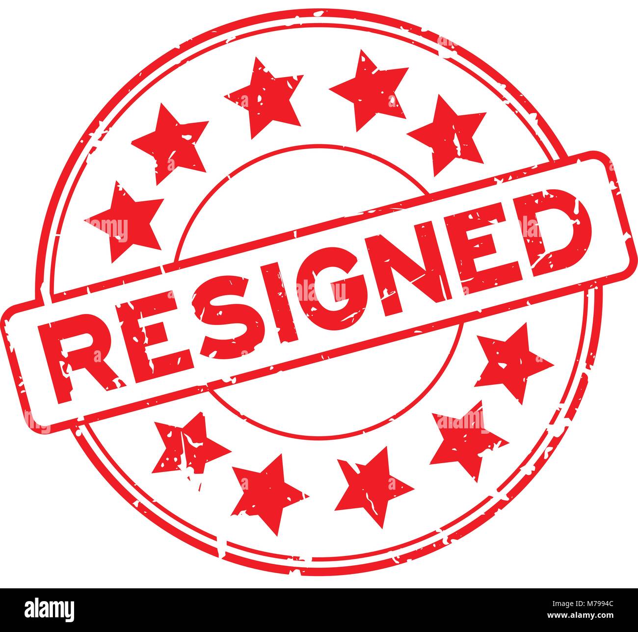 Grunge red resigned wording with star icon round rubber seal stamp on ...