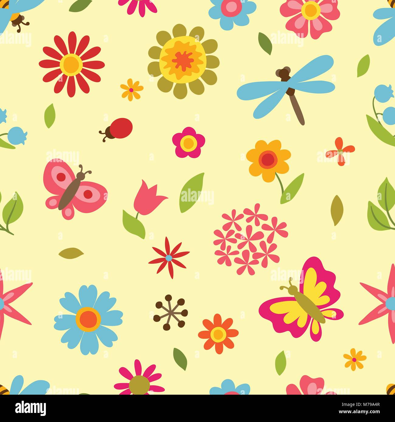 Natural pattern with beautiful flowers, beetles and butterflies Stock ...
