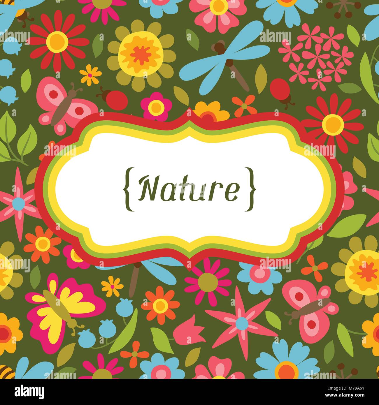 Natural card with beautiful flowers, beetles and butterflies Stock ...