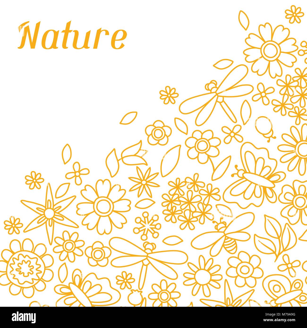 Natural card with beautiful flowers, beetles and butterflies Stock ...