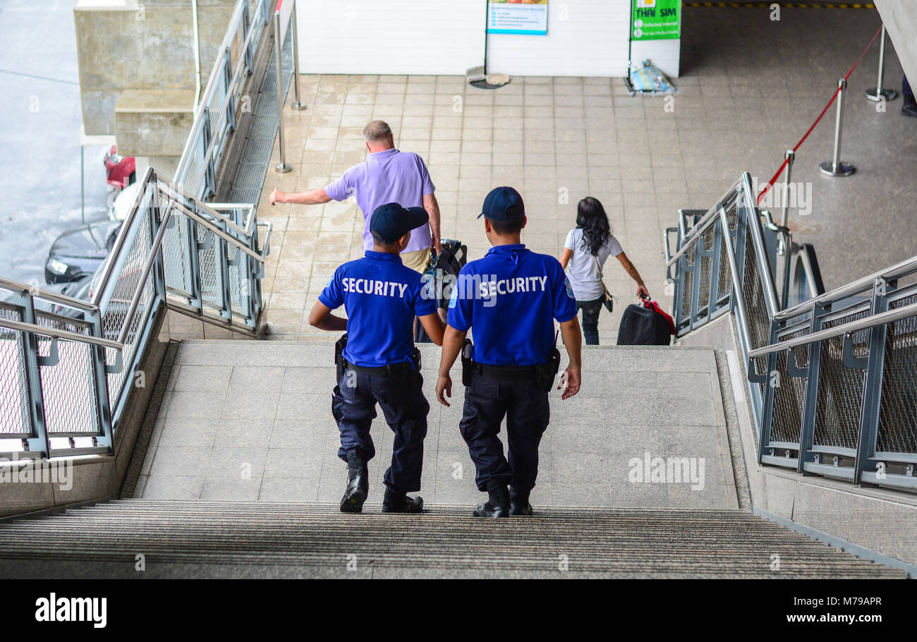 Bangkok, Thailand - Jun 17, 2016. Security guards at BTS station in ...