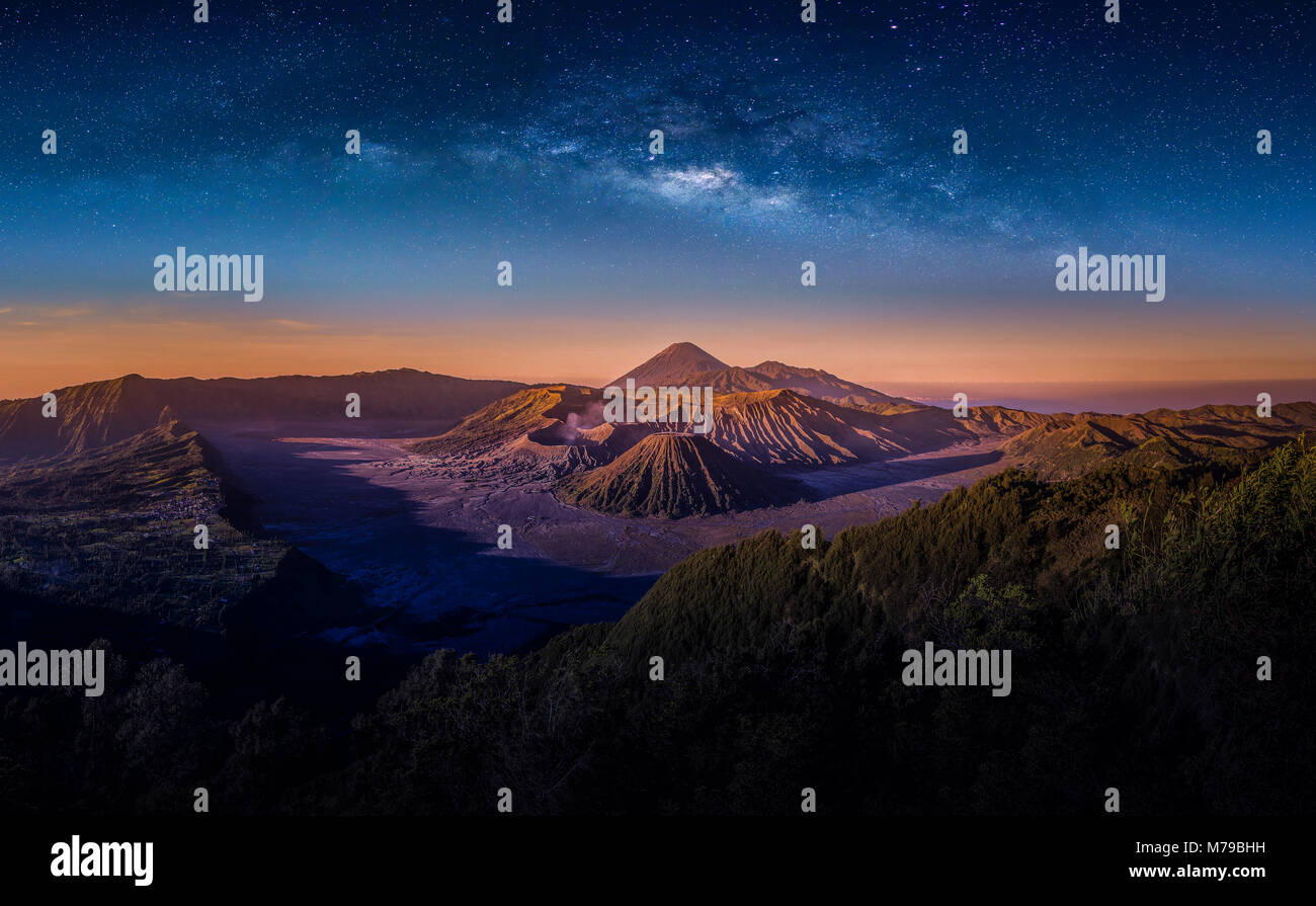 Mount Bromo volcano (Gunung Bromo) on night sky with milky way in Bromo ...