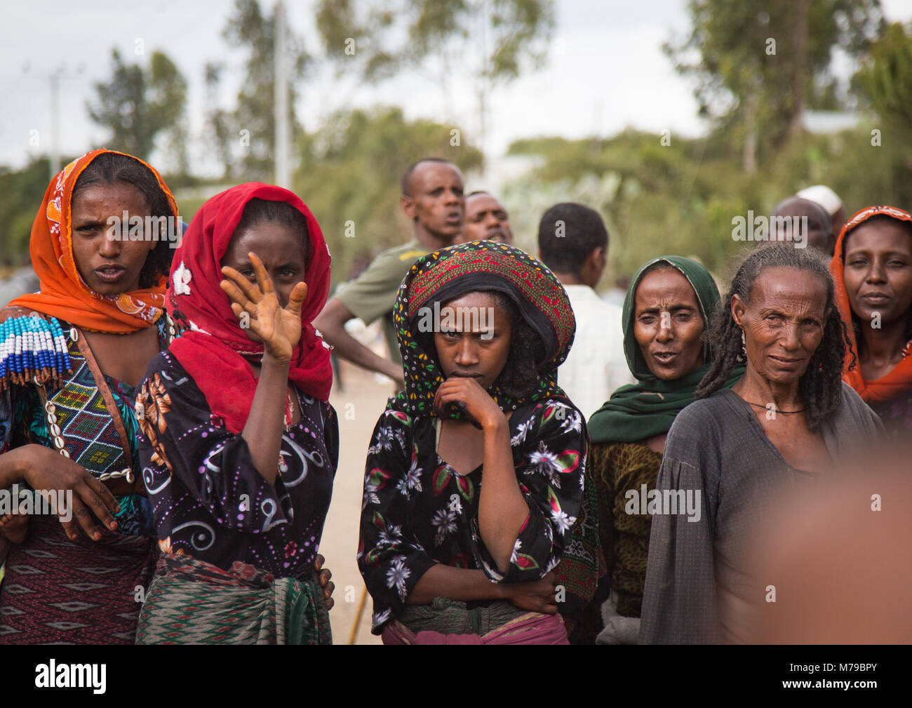 Ethiopian people waiting at a food distribution centre between alamata ...