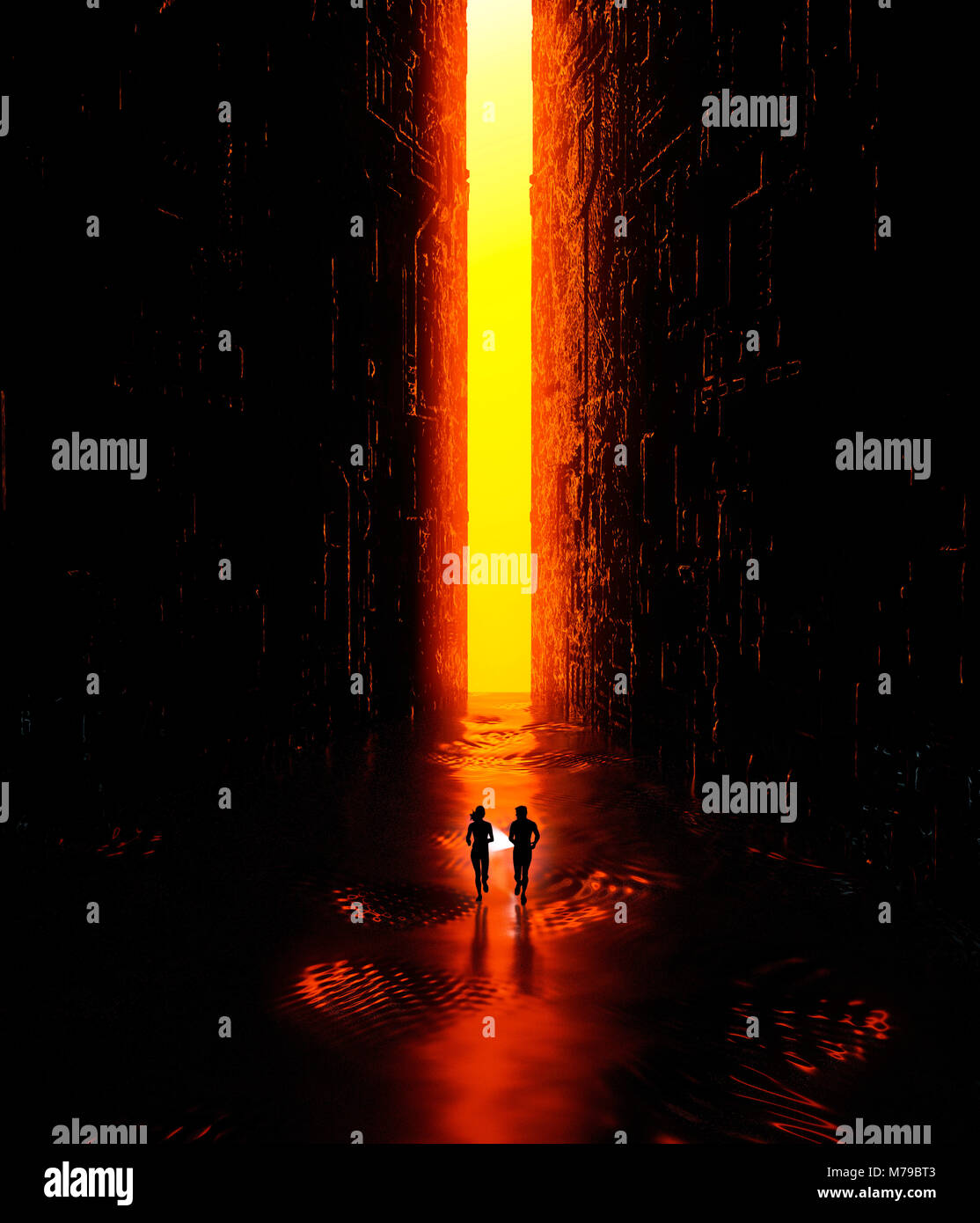 Fantasy landscape, fissure, darkness, light, sun, people running with a ...