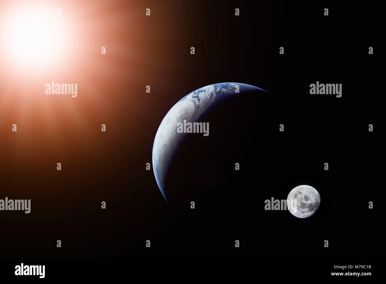 Landscape image of Sun, Earth and moon view from space. (Elements of ...