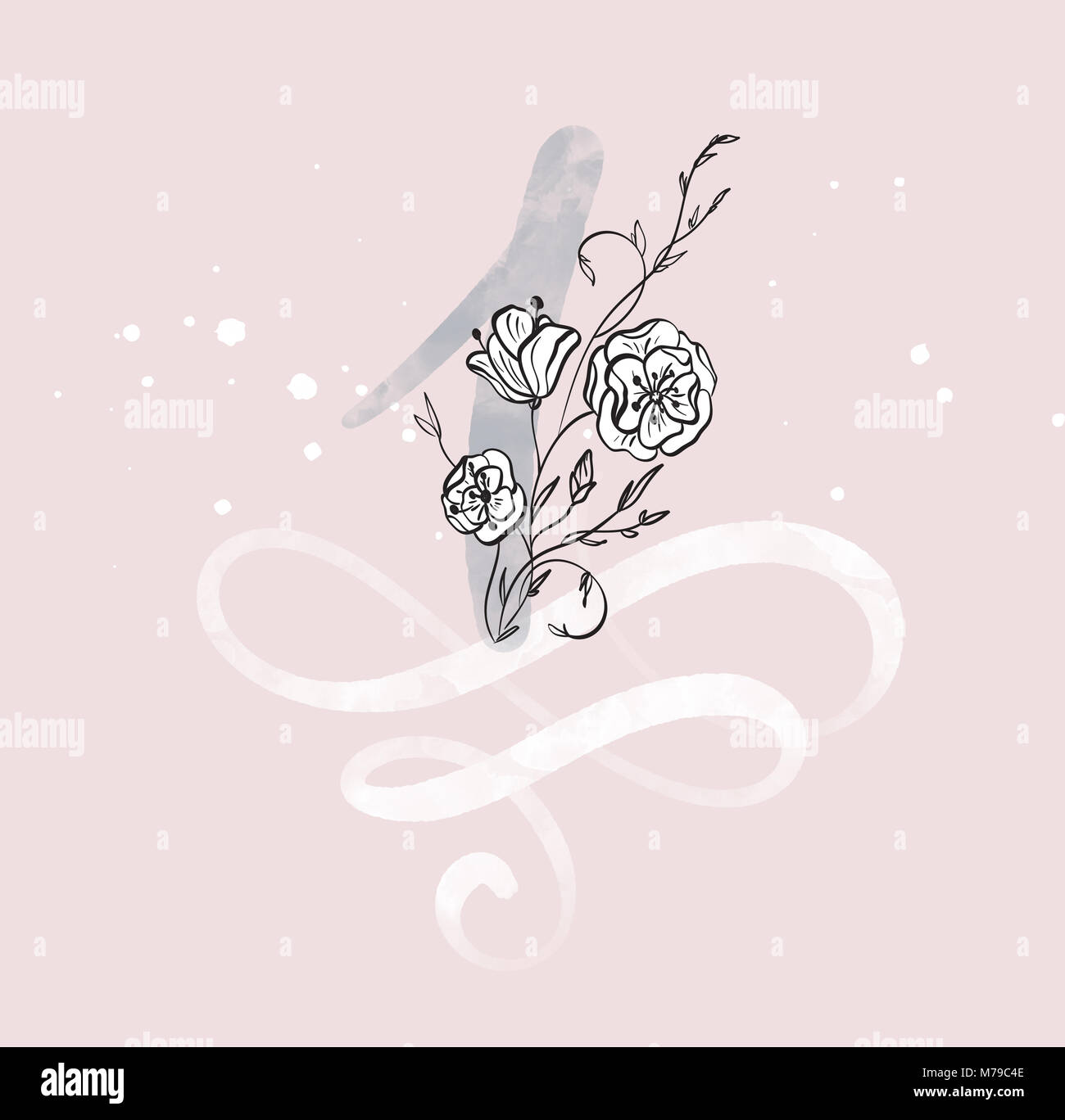 Calligraphic number one 1 with flower vintage isolated on pink ...