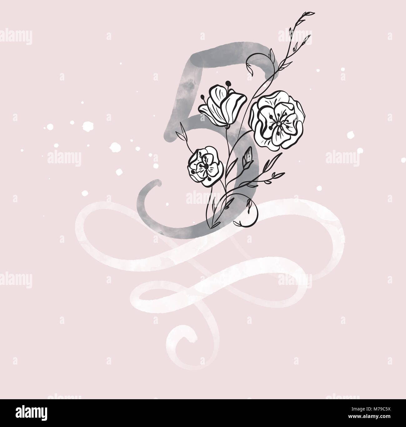 Calligraphic number five 5 with flower vintage isolated on pink ...