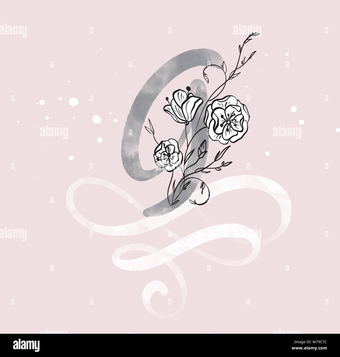 Calligraphic number nine 9 with flower vintage isolated on pink ...