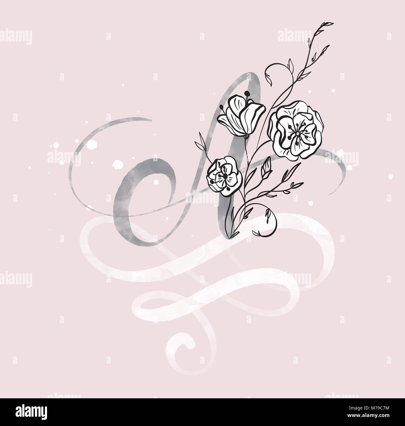 Hand drawn calligraphy letter A with flower. watercolor Script font ...