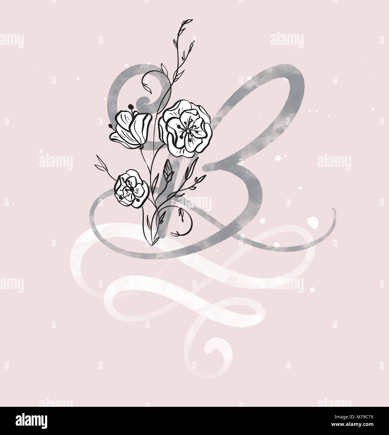 Hand drawn calligraphy letter B with flower. watercolor Script font ...