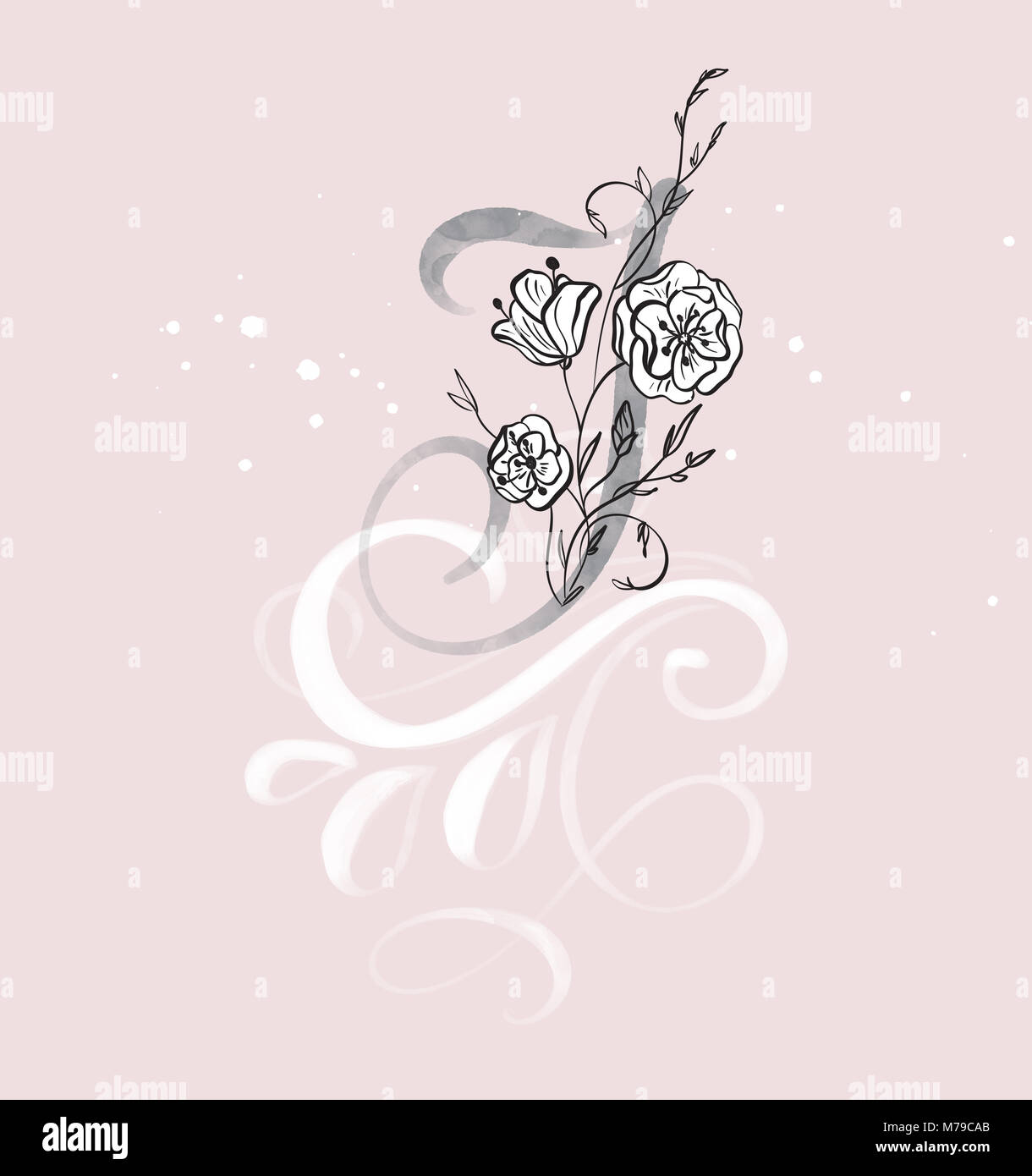 Hand drawn calligraphy letter I with flower. watercolor Script font ...