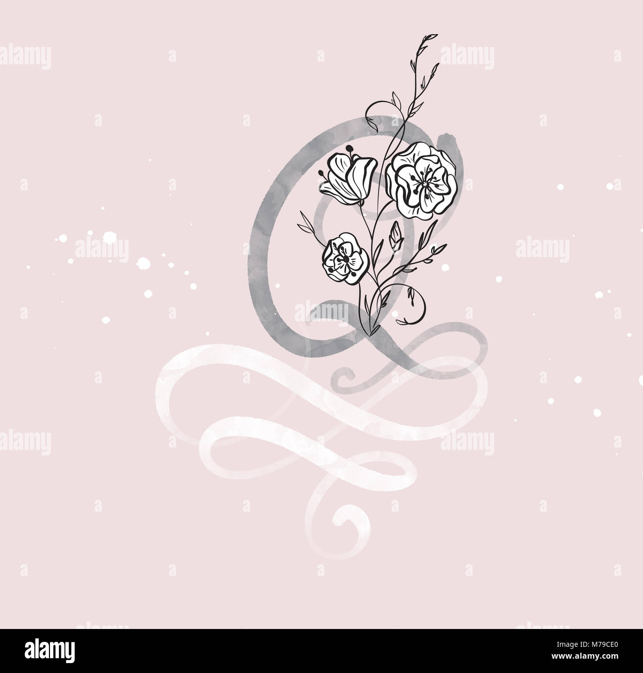 Hand drawn calligraphy letter Q with flower. watercolor Script font ...