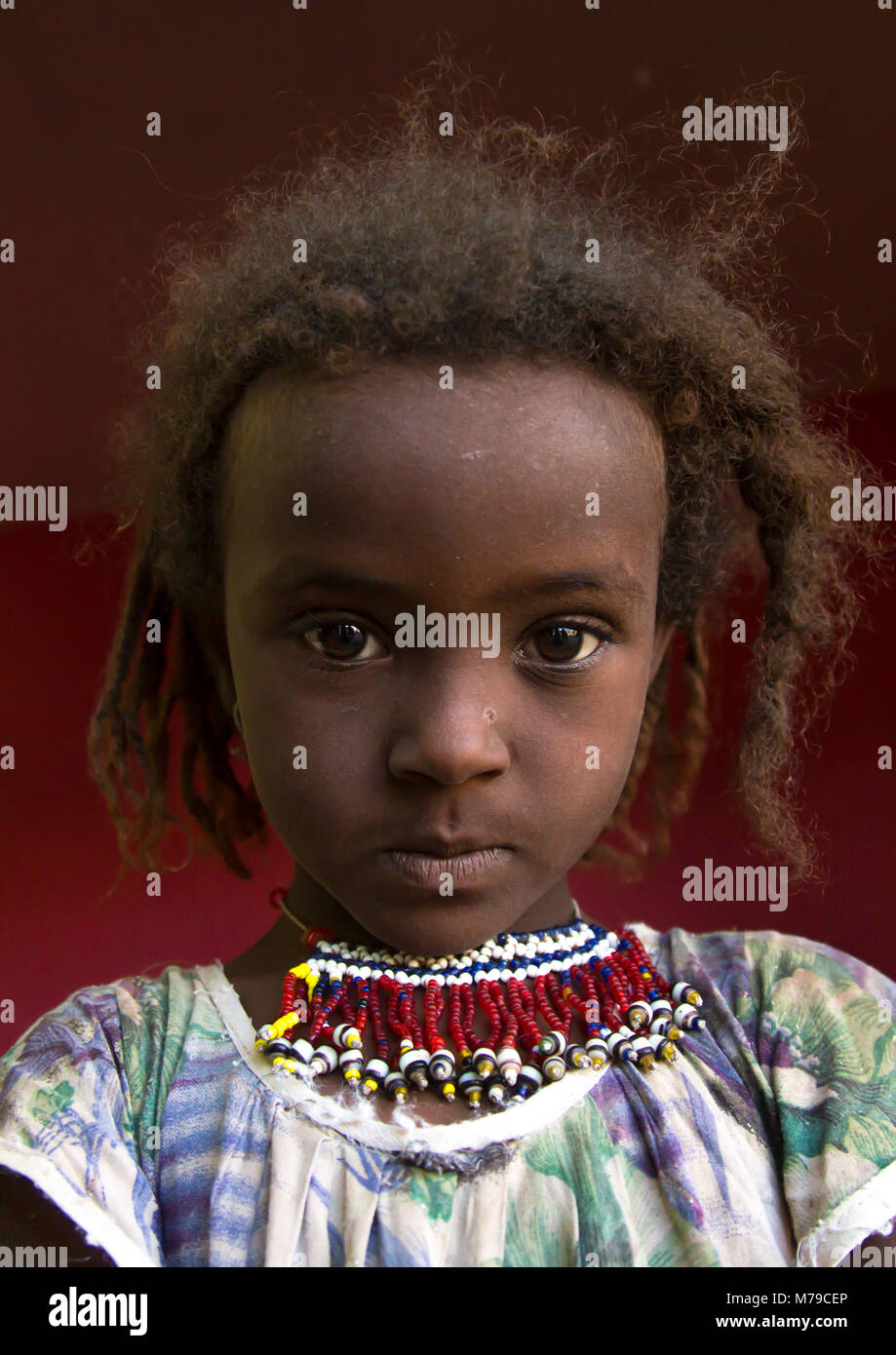 Portrait of a beautiful afar tribe girl wearing a beaded necklace, Afar ...