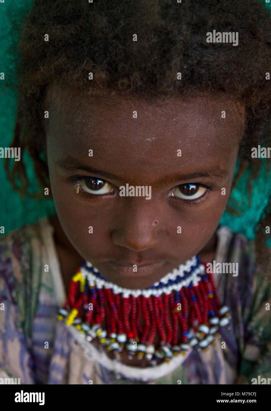 Portrait of a beautiful afar tribe girl wearing a beaded necklace, Afar ...