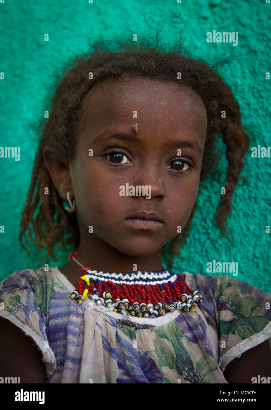 Portrait of a beautiful afar tribe girl wearing a beaded necklace, Afar ...