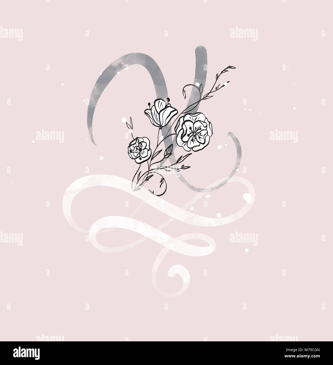 Hand drawn calligraphy letter X with flower. watercolor Script font ...