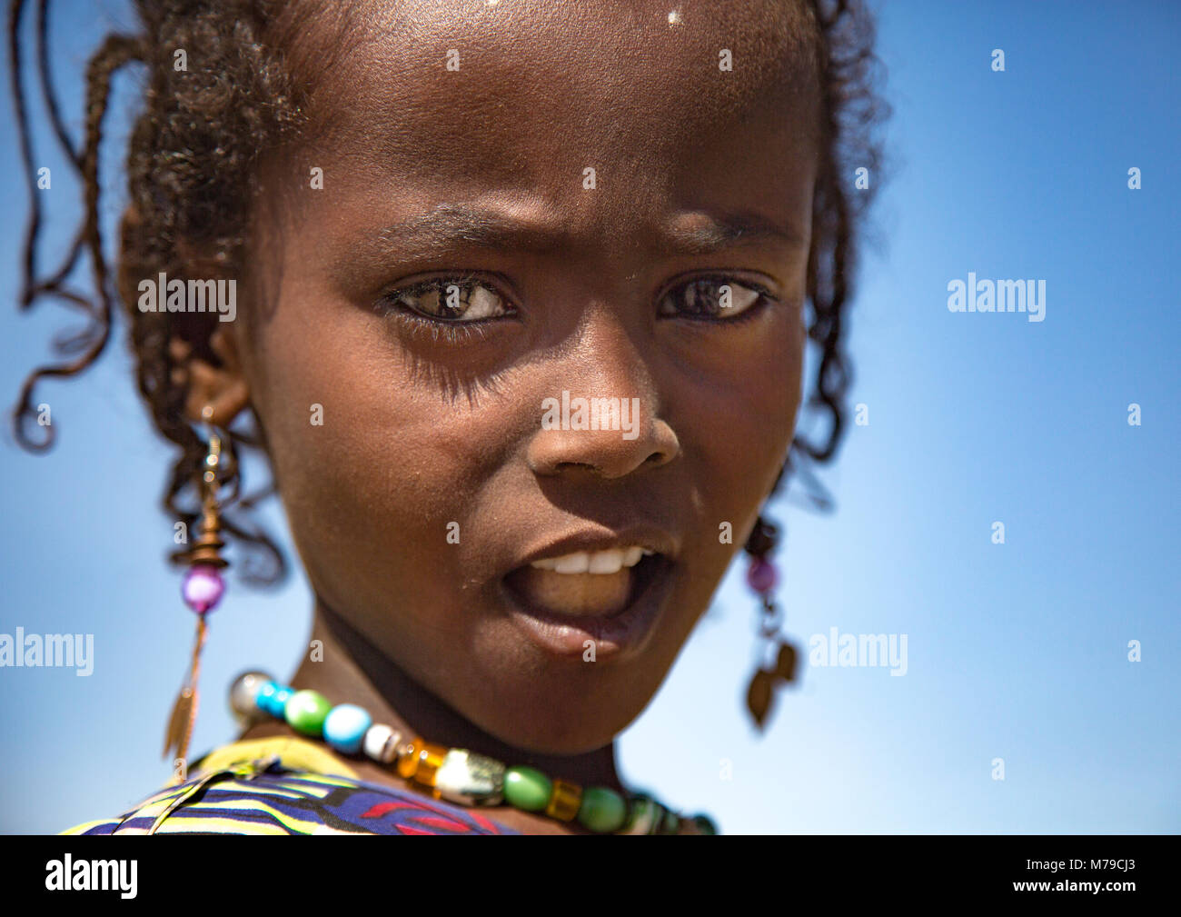 Portrait of an afar tribe girl with a beaded necklace and earrings ...