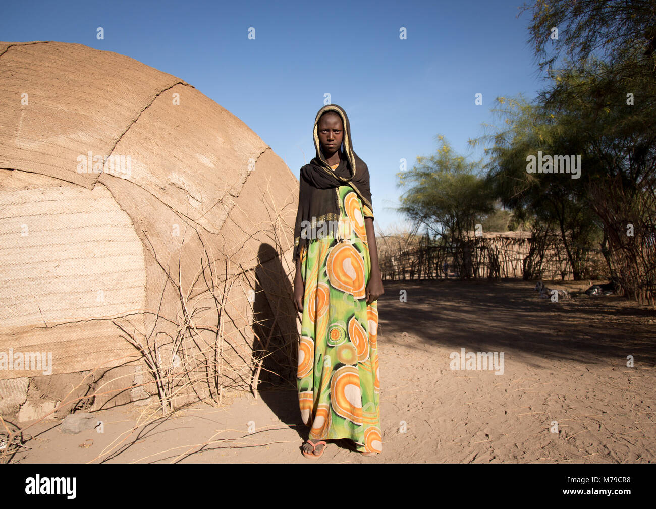 Portrait of an afar tribe teenage girl in front of her hut, Afar region ...