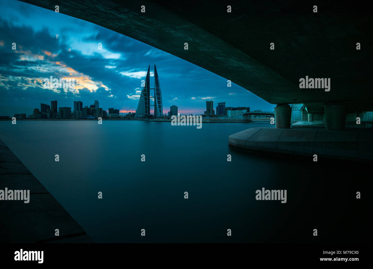 Morning view of Bahrain World Trade Centre on a rainy day taken on 2017 ...