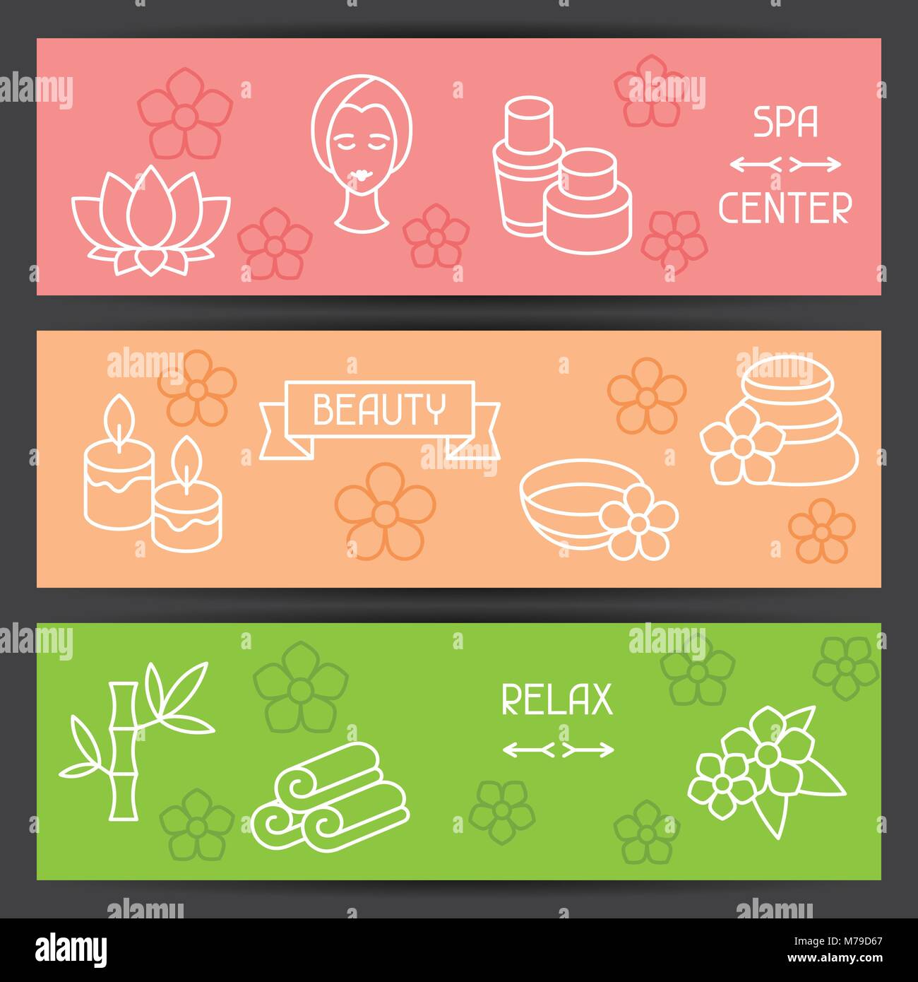 Spa and recreation banners with icons in linear style Stock Vector ...