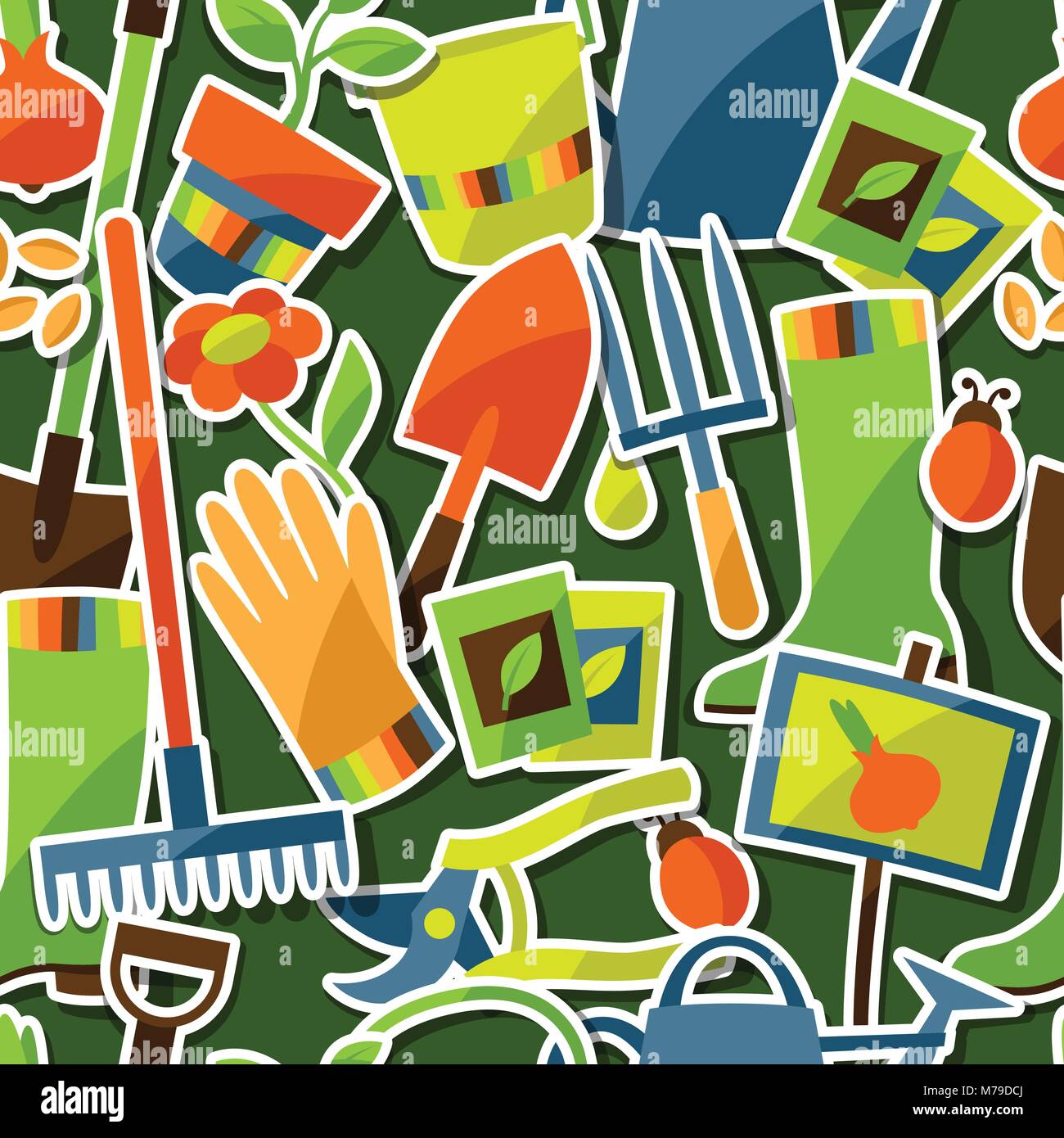 Seamless pattern with garden sticker design elements and icons Stock ...