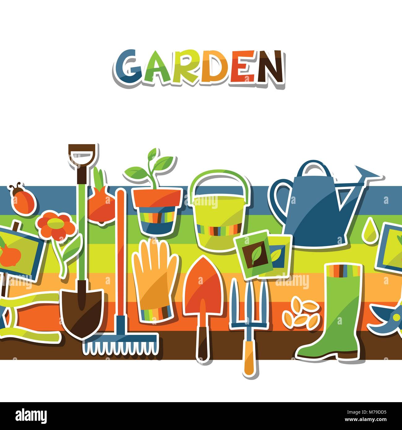 Background with garden sticker design elements and icons Stock Vector ...