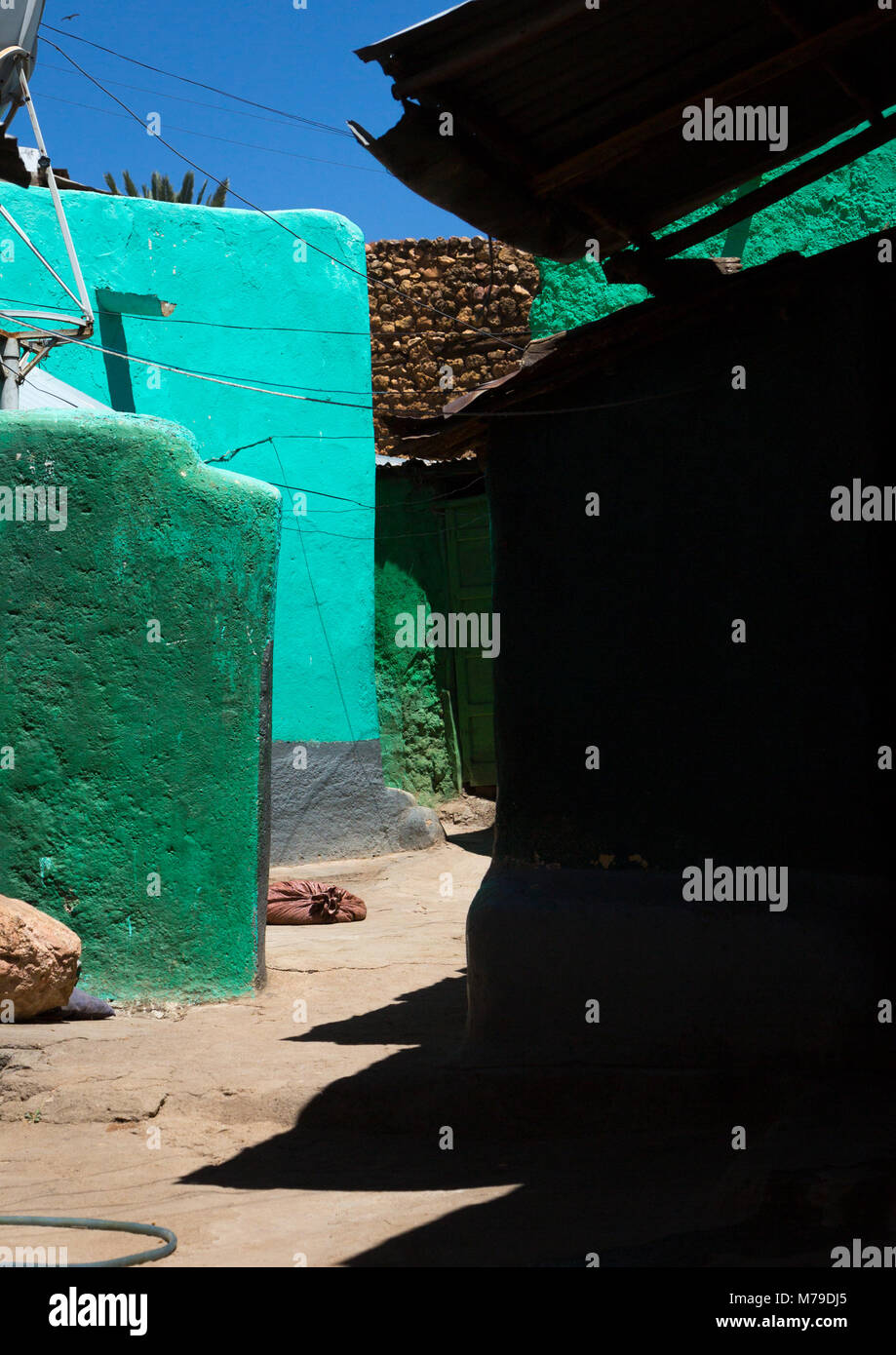 Harari street with colorful limestone walls in the old town centre ...