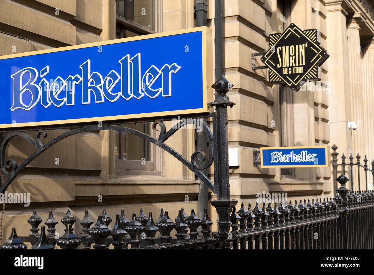 Sign for the Bierkeller pub on Park Row in Leeds, UK. The city is ...