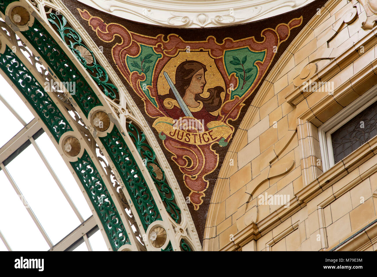 Mosaic depicting justice in the County Arcade shopping gallery in Leeds ...