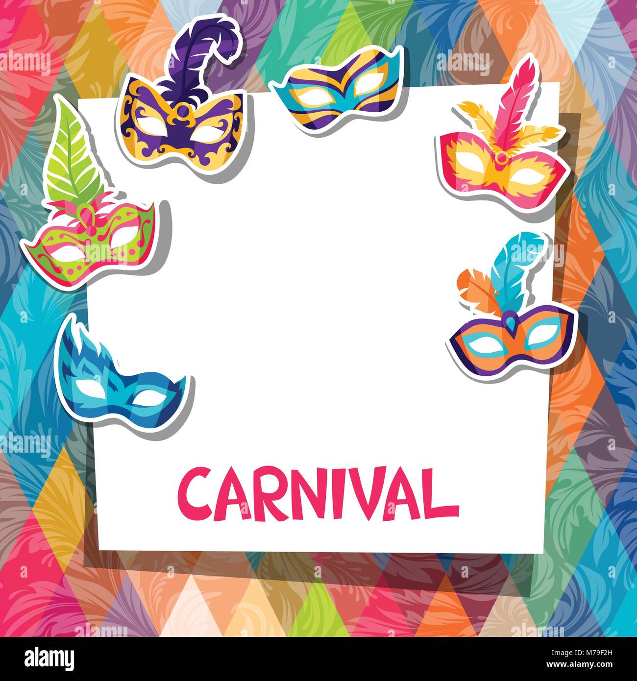 Celebration festive background with carnival masks stickers Stock ...