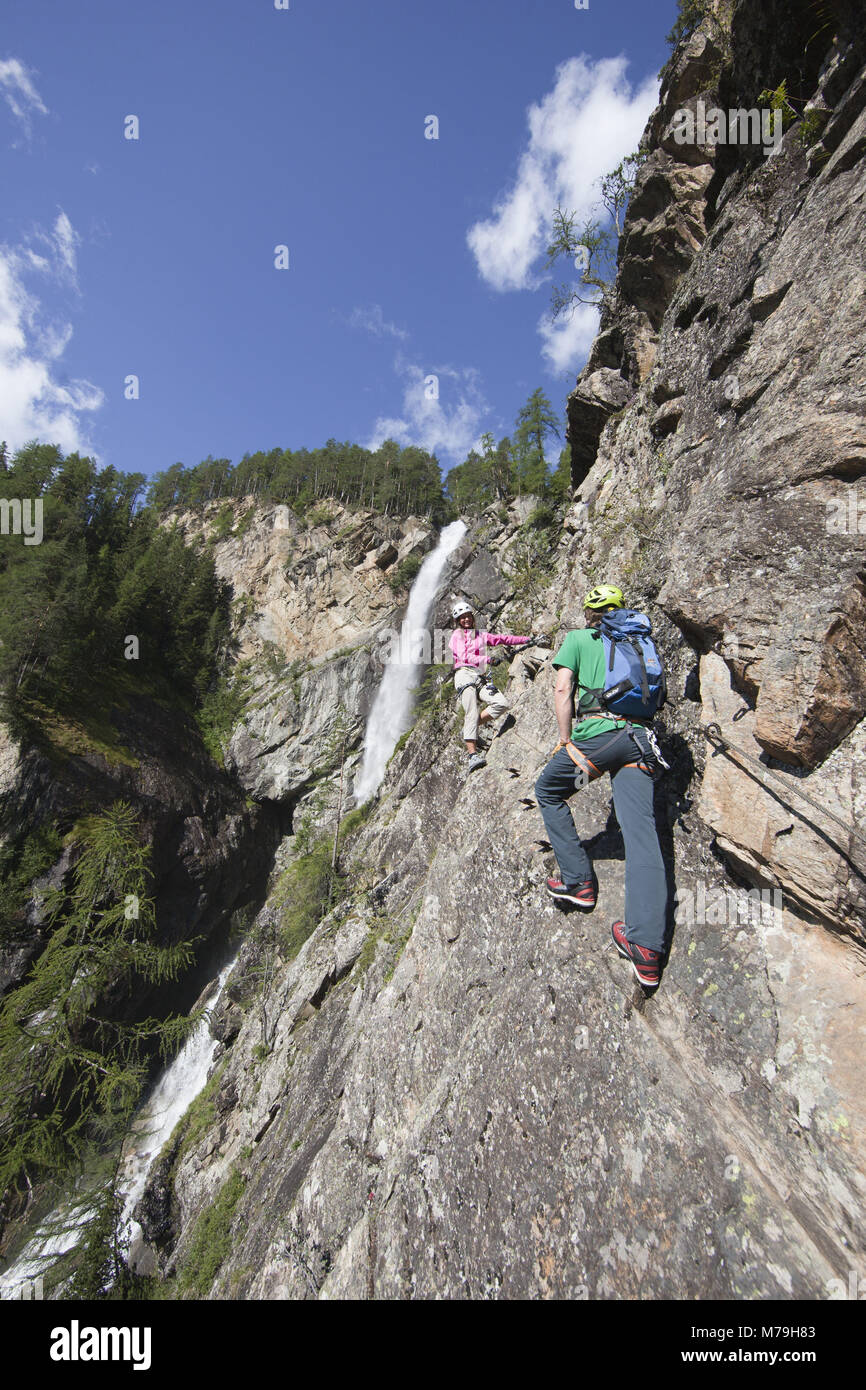 via ferrata route Lehner waterfall, Ötztal Alps, Tyrol, Austria Stock ...