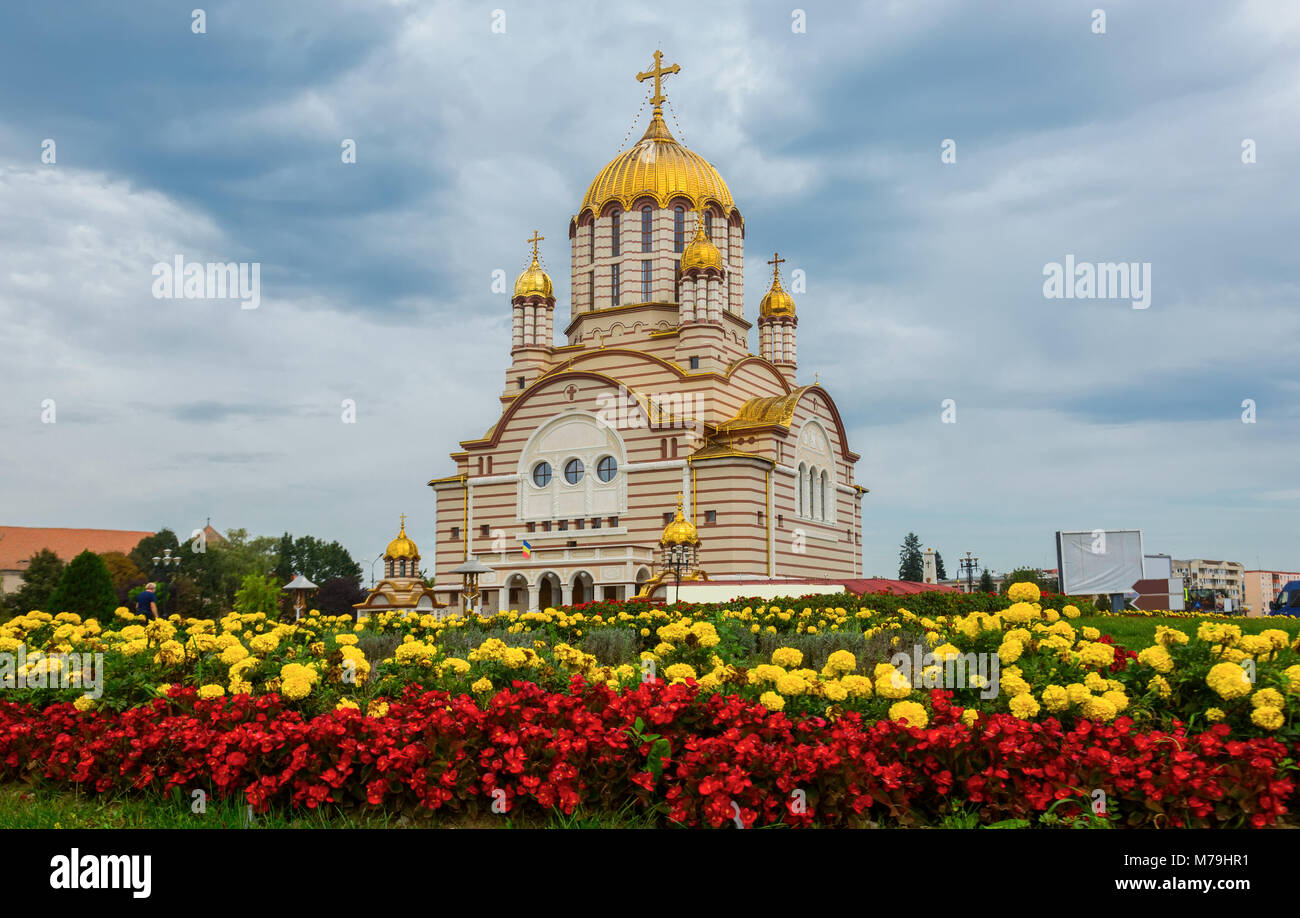 Cathedral with golden domes is landmark of Fagaras in Romania Stock ...