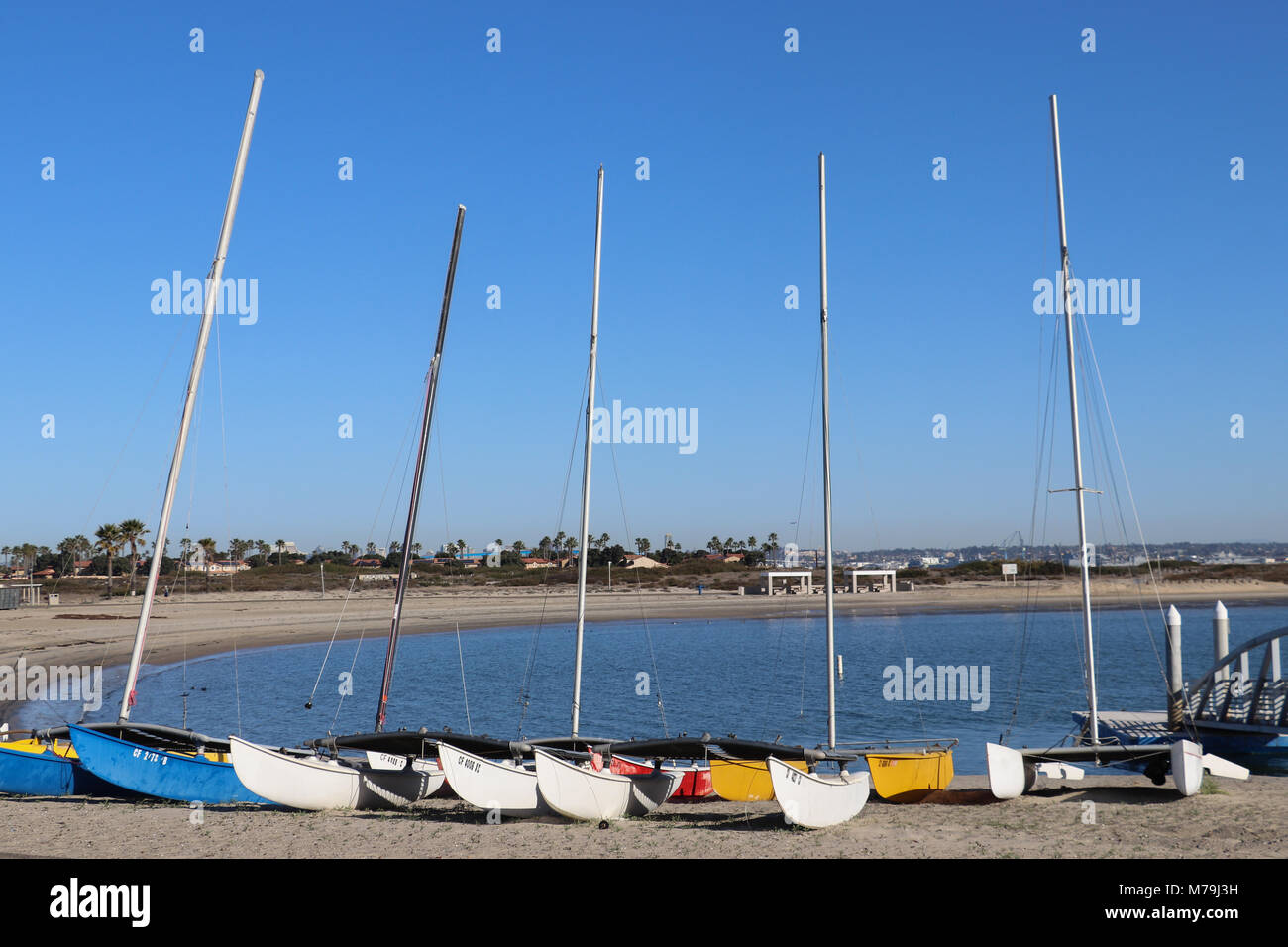 A row of five small colorful catamarans resting on a curving beach ...