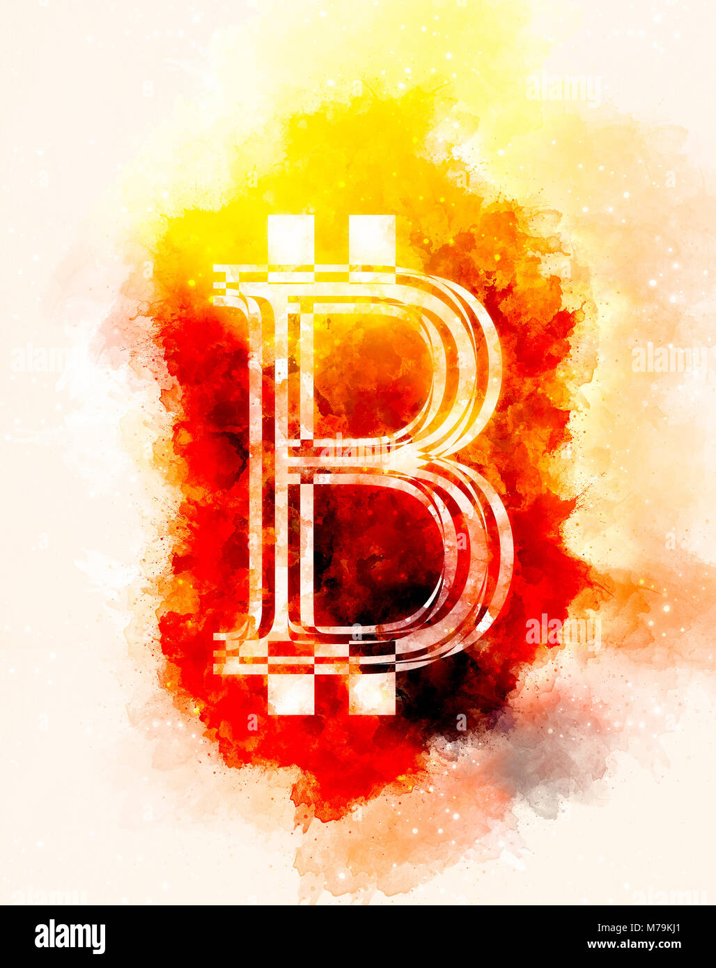 Bitcoin cryptocurrency concept and softly blurred watercolor background ...