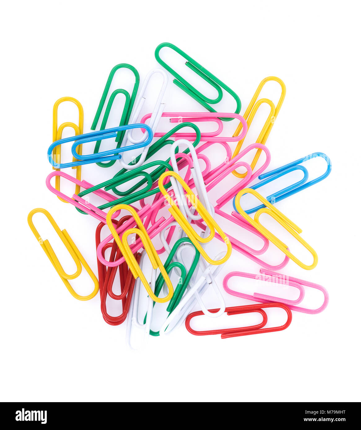 Colored paper clips on white background Stock Photo - Alamy