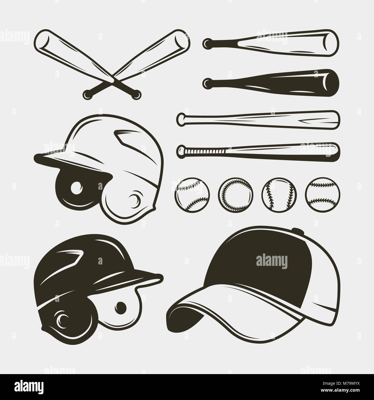 set of baseball equipment and gear. bat, helmet, cap, balls. vector ...
