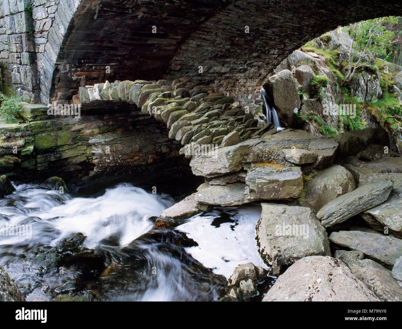 Pont Pen y Benglog. Arch of tiny medieval packhorse bridge preserved ...