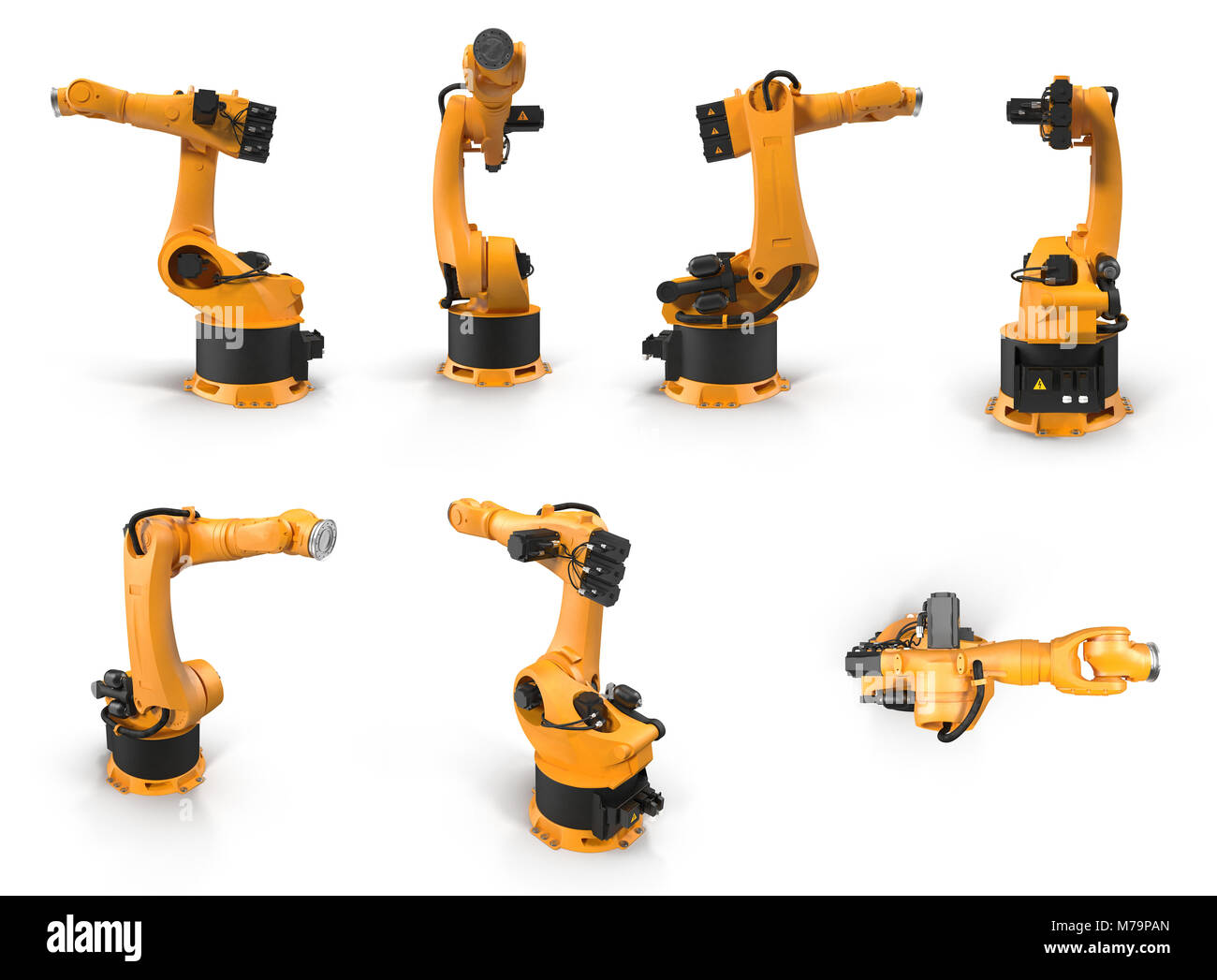Robot arm for industry renders set from different angles on a white ...