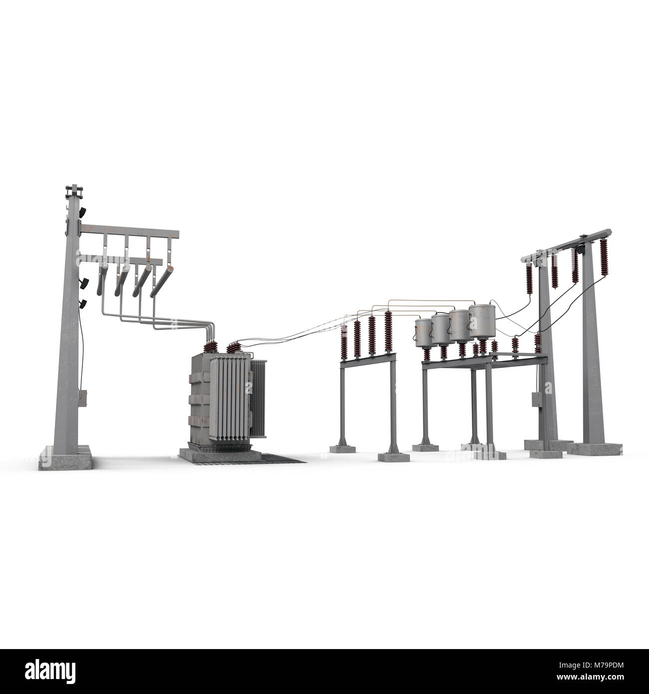 High voltage electric power substation on white background. 3D ...